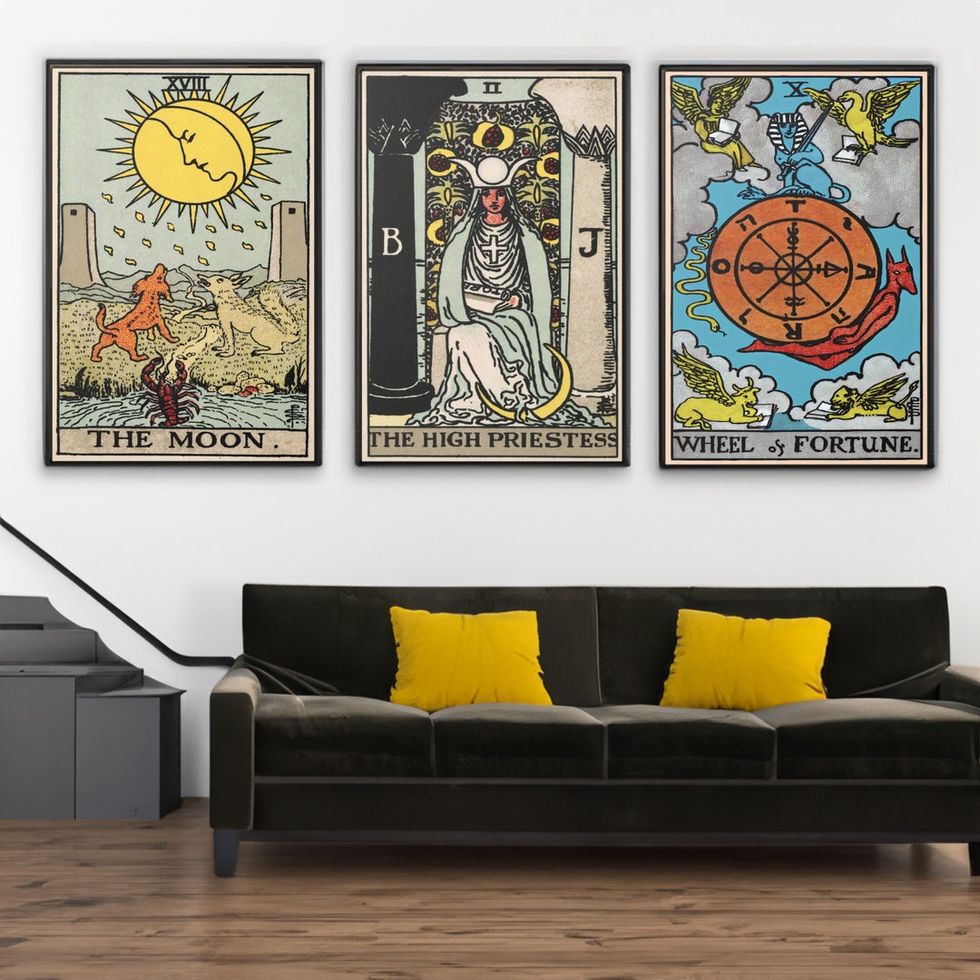 Tarot Card Set of 3 Wall Art Reproduction, Tarot Print on Canvas, Boho ...