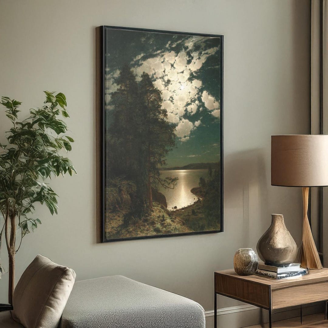 Moonlit Night Canvas Wall Art, Nordic Landscape Poster - Etsy