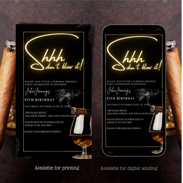 Whiskey And Cigar Surprise Party Invitation Men Etsy