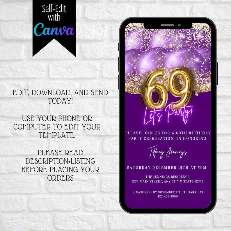 Digital 69th Birthday Invitation, Electronic 69th Birthday Party Invite ...