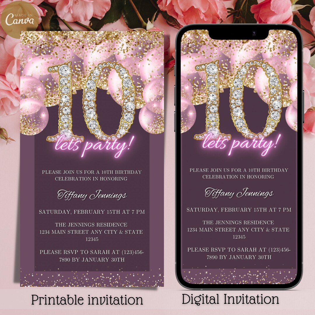 Digital Girls 10th Birthday Party Invitation, Electronic 10th Pink Gold ...