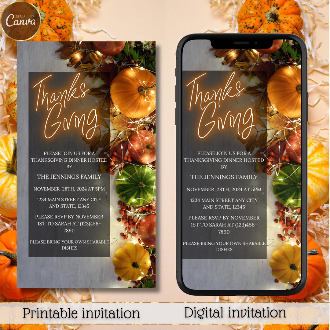 Digital Thanksgiving Dinner Party Invitation, Electronic Rusic Harvest ...