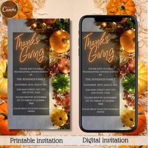 Digital Thanksgiving Dinner Party Invitation, Electronic Rusic Harvest ...