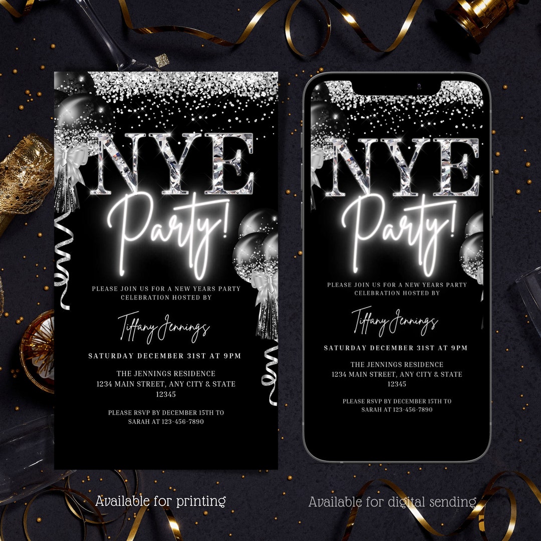Digital NYE 2024 Party Invitation, Electronic Black and Silver ...