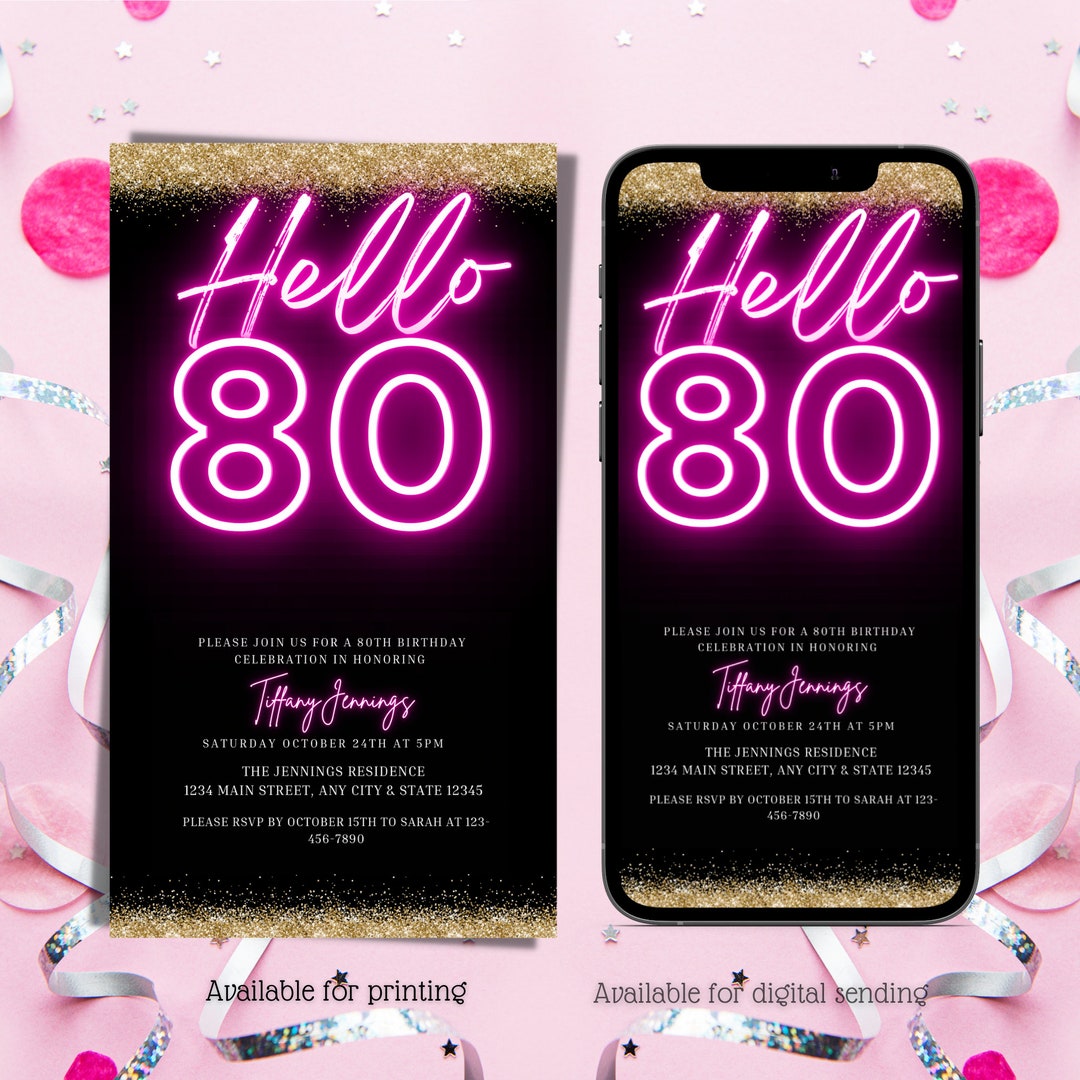 Digital Neon Pink and Glitter Hello Eighty Birthday Invitation ...
