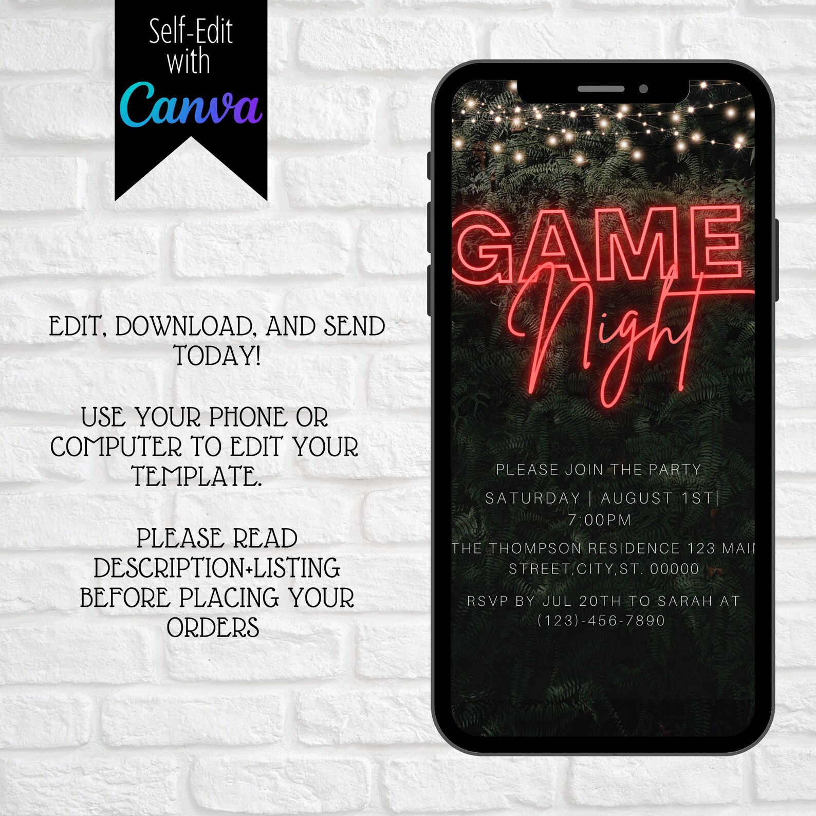Game Night Digital Neon Red Invitation Greenery Family Game - Etsy