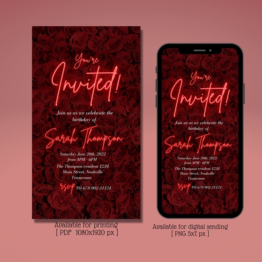 Digital Red Floral Birthday Party Invitation, Editable Template, Any ...