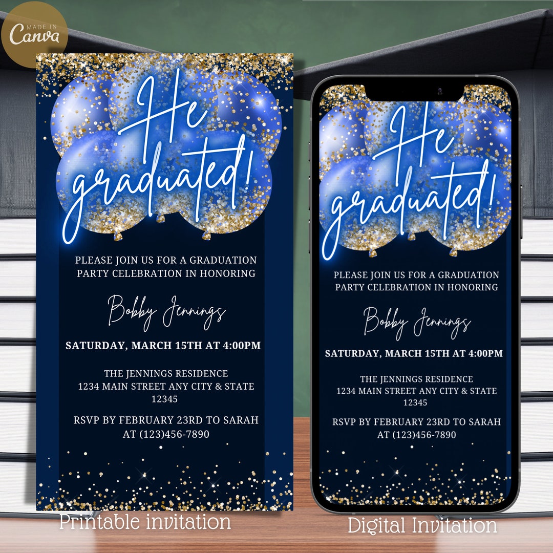 Digital Men's Graduated Party Invitation, Electronic Blue Gold Balloons ...