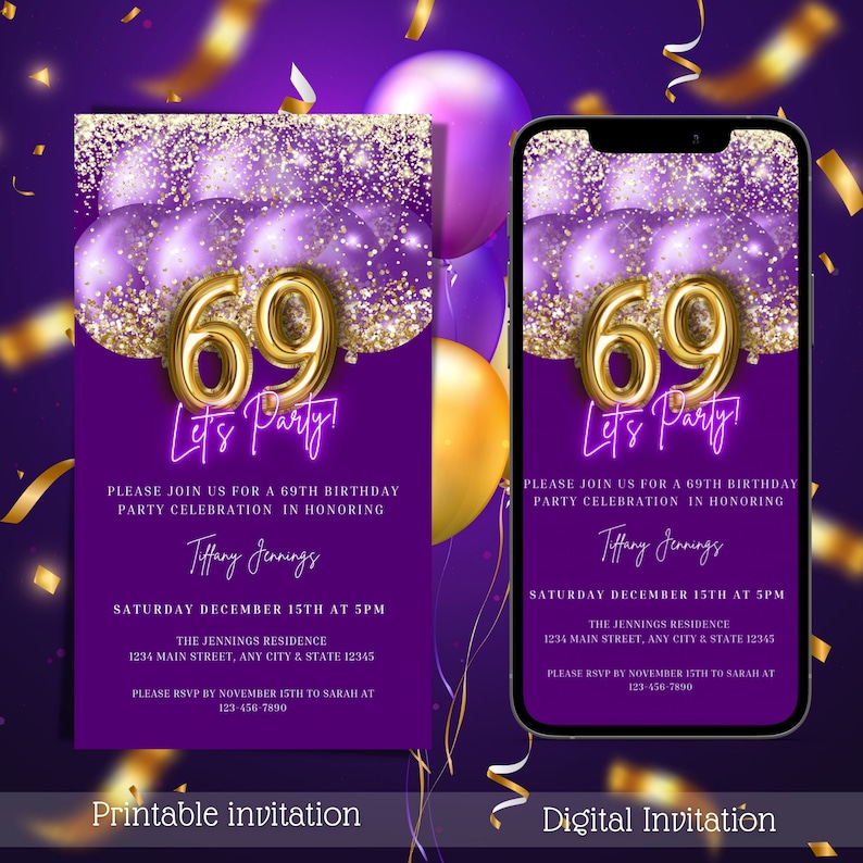 Digital 69th Birthday Invitation, Electronic 69th Birthday Party Invite ...