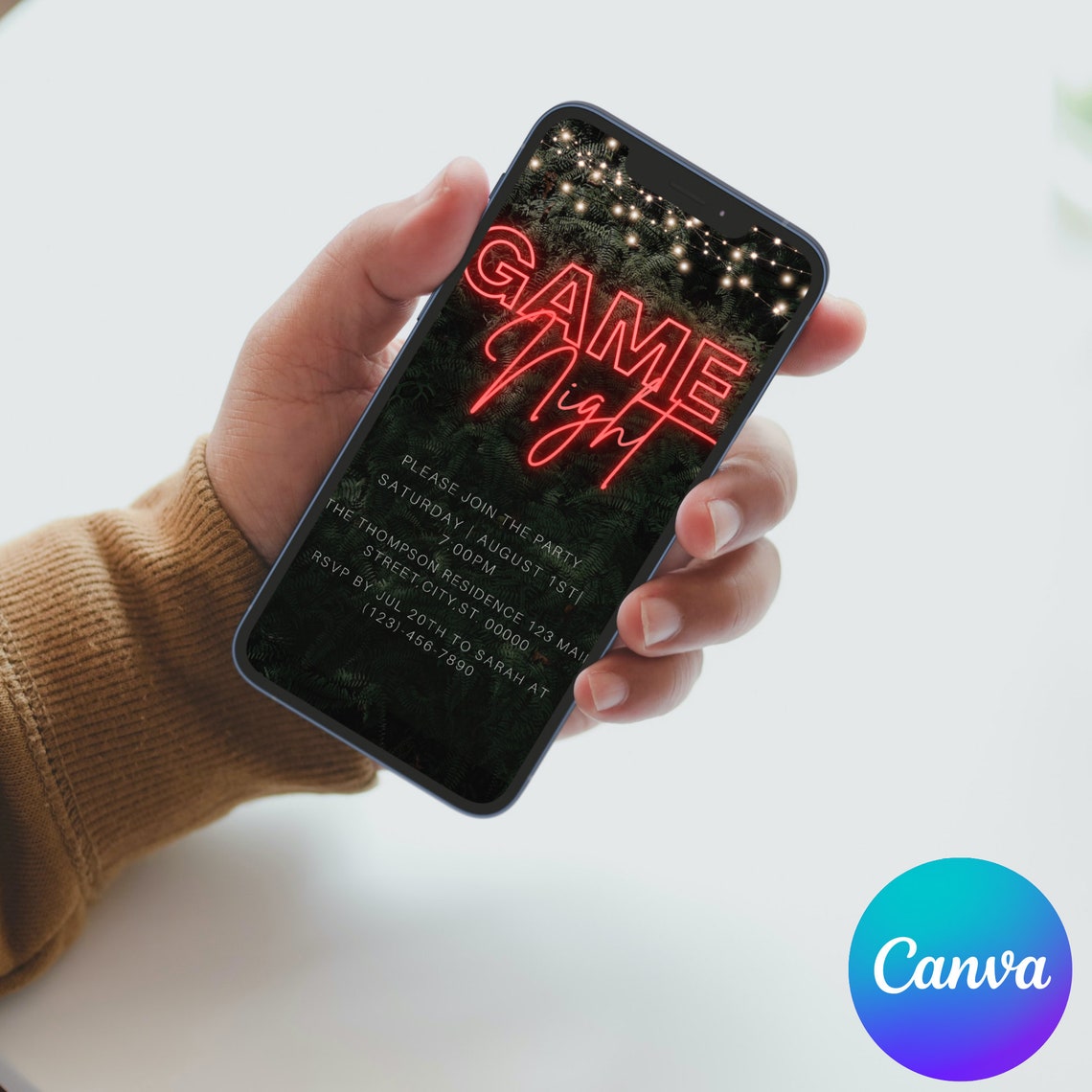 Game Night Digital Neon Red Invitation Greenery Family Game - Etsy