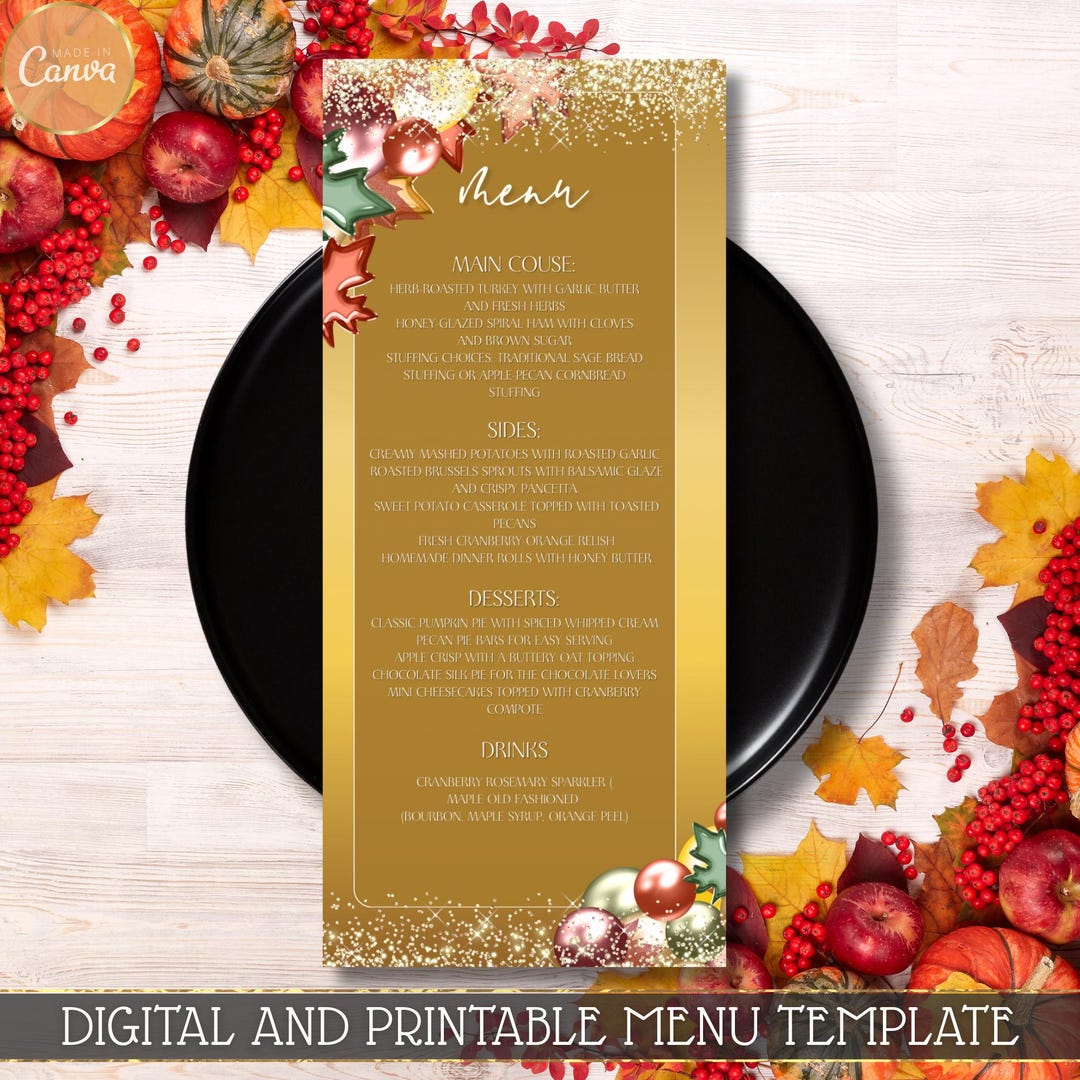 Editable Thanksgiving Menu Card Template – Gold Autumn Dinner Menu ...