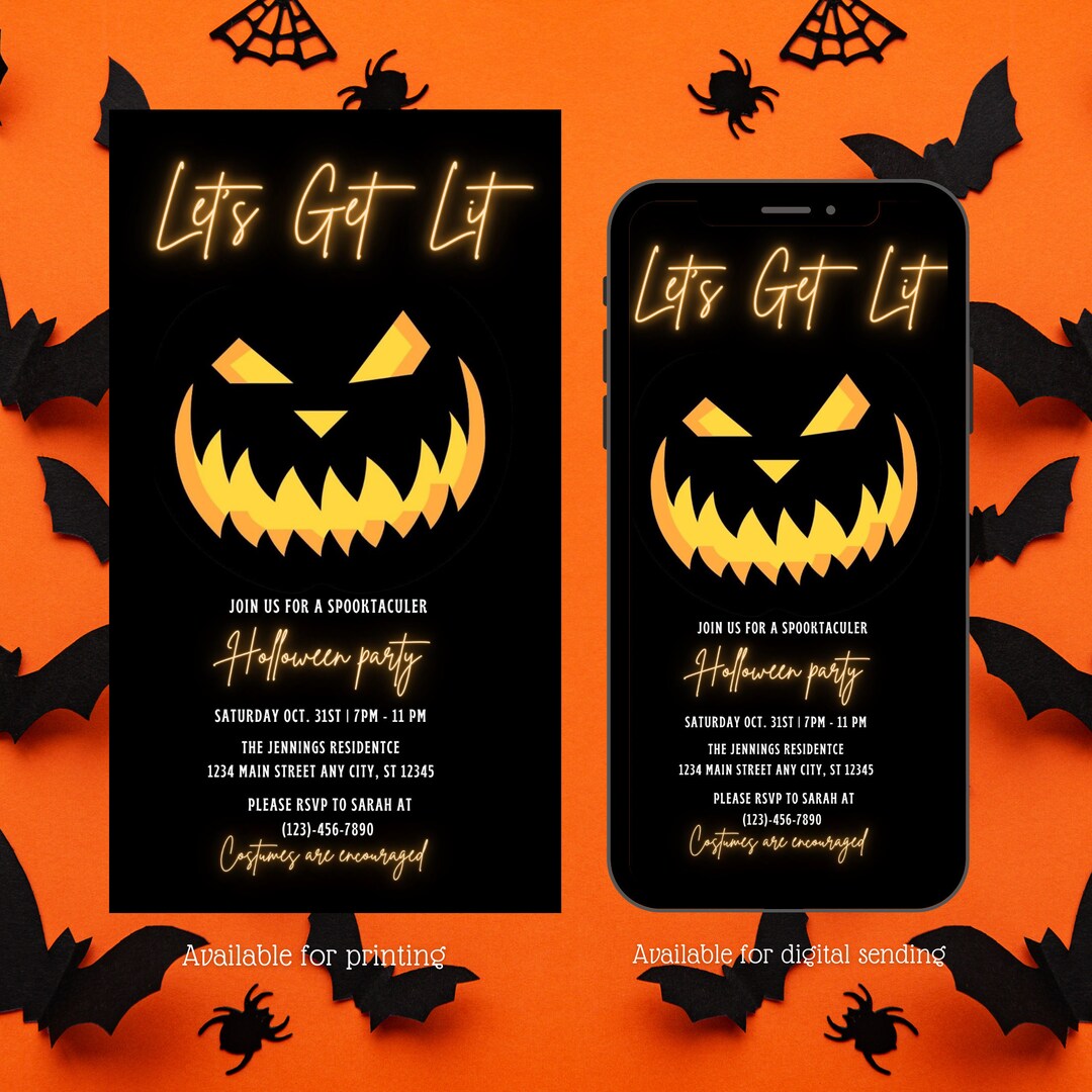Digital Let's Get Lit Invitation, Orange, Halloween Party Invite, Jack ...