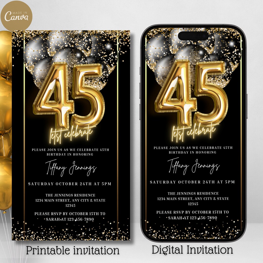 45th Birthday Party Invitation, Digital 45th Phone Text Message Email ...