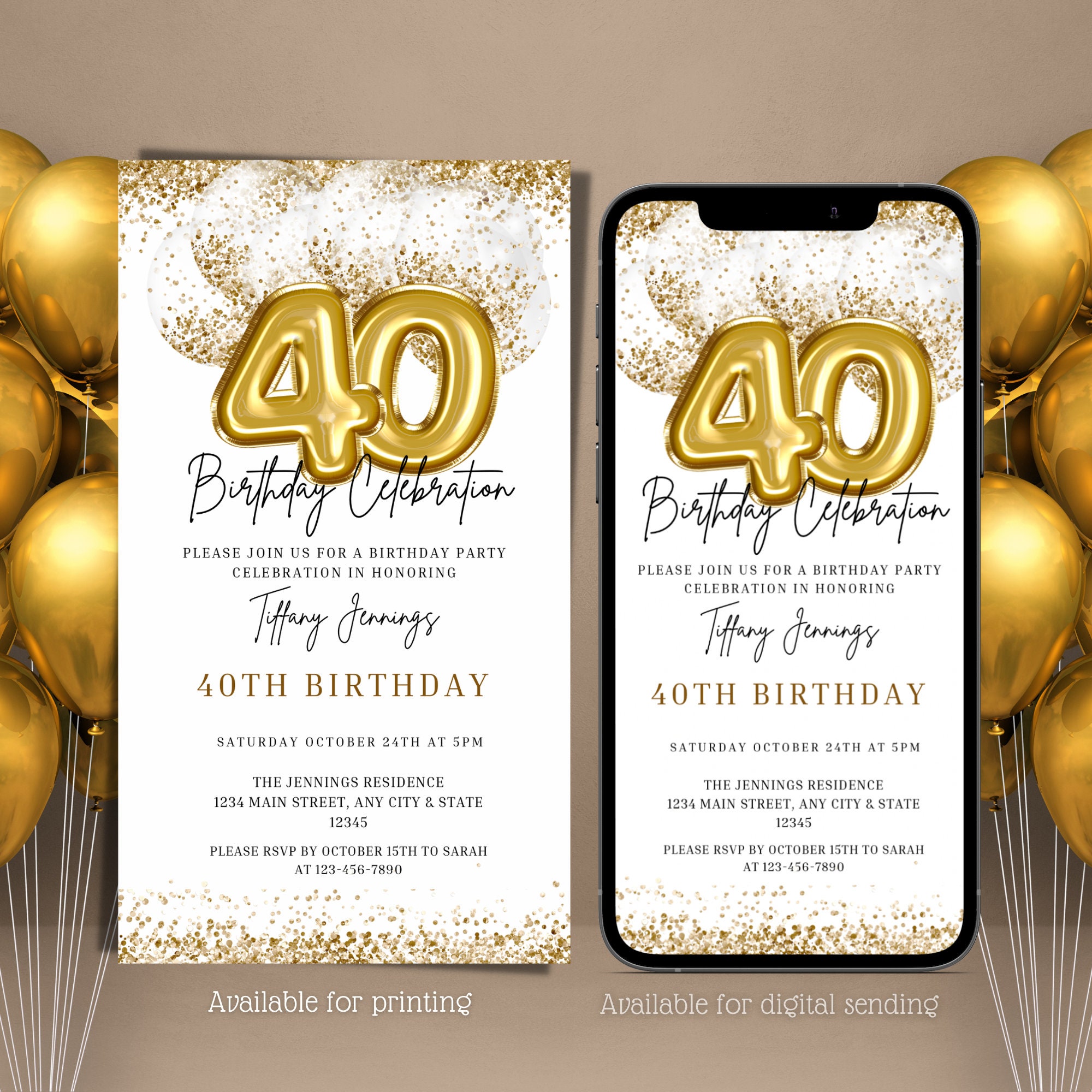 Digital 40th Birthday Invitation, Electronic 40th Gold White Glitter ...