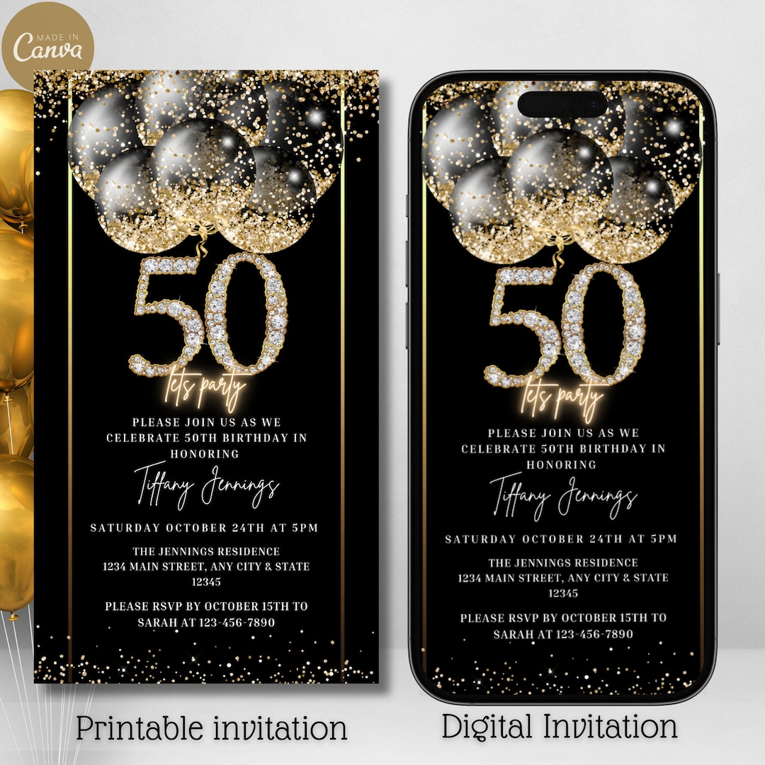 50th Digital Birthday Invitation, Electronic Black Gold Diamond 50th ...