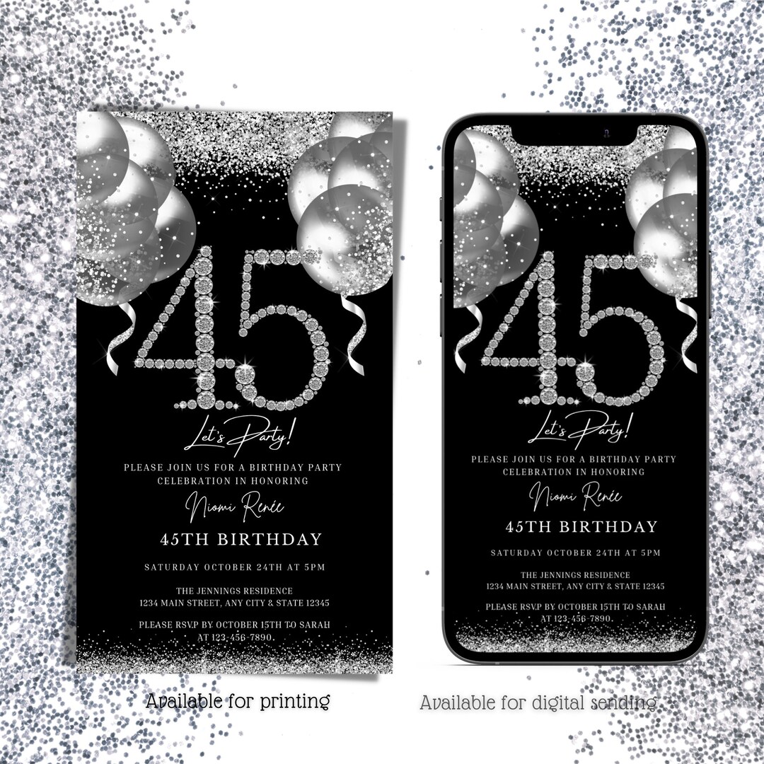 Electronic 45th Birthday Invitation, Digital Silver Diamond Birthday ...
