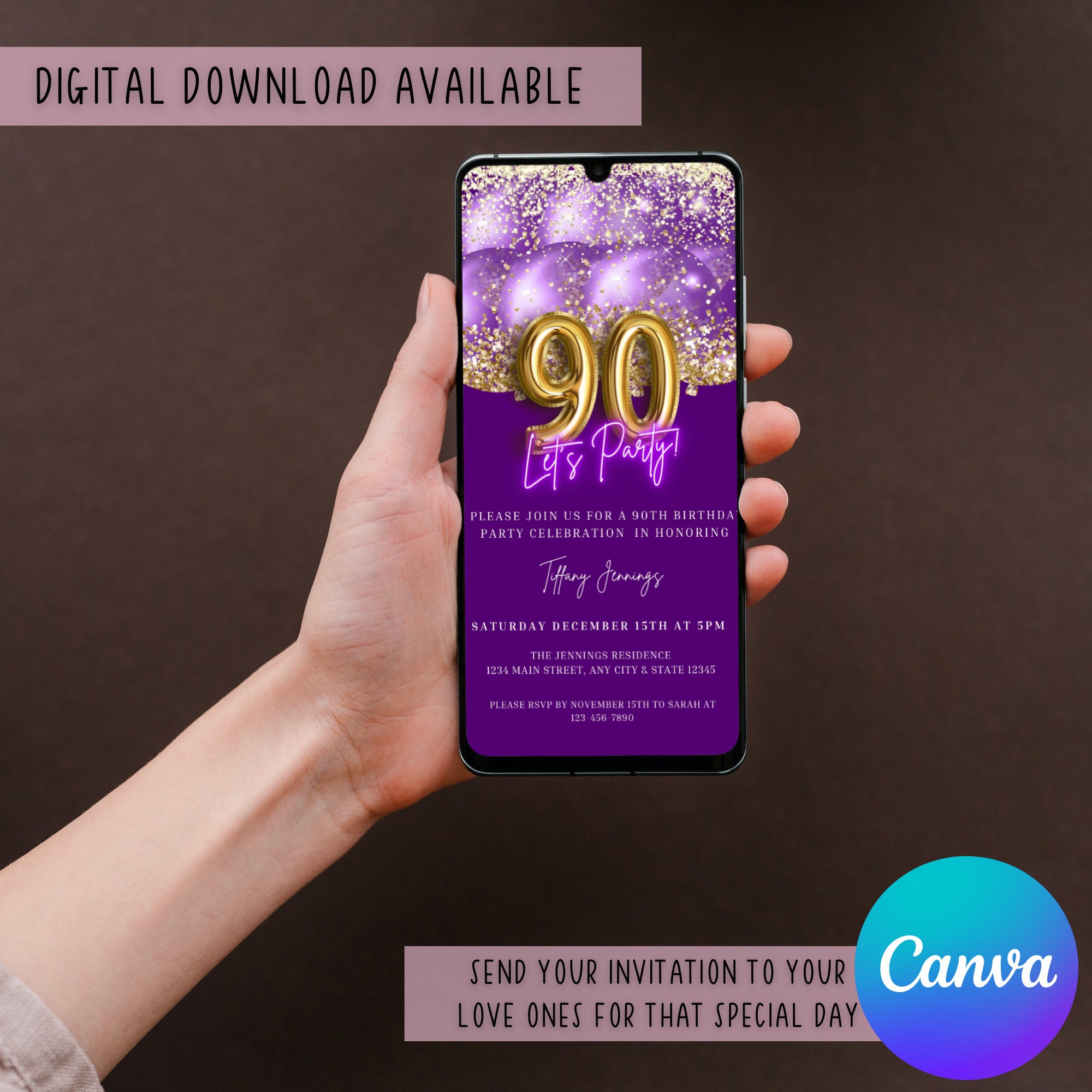 Electronic 90th Purple Gold Birthday Party Invitation, Digital 90th ...