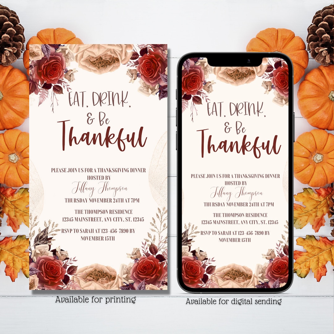 Digital Rustic Thanksgiving Invitation, Eat Drink & Be Thankful Invite ...