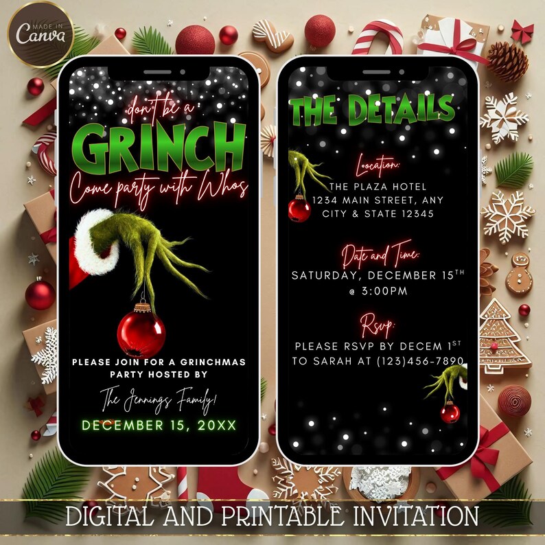 Digital Grinchmas Christmas Party Invitation – Animated Funny Holiday ...