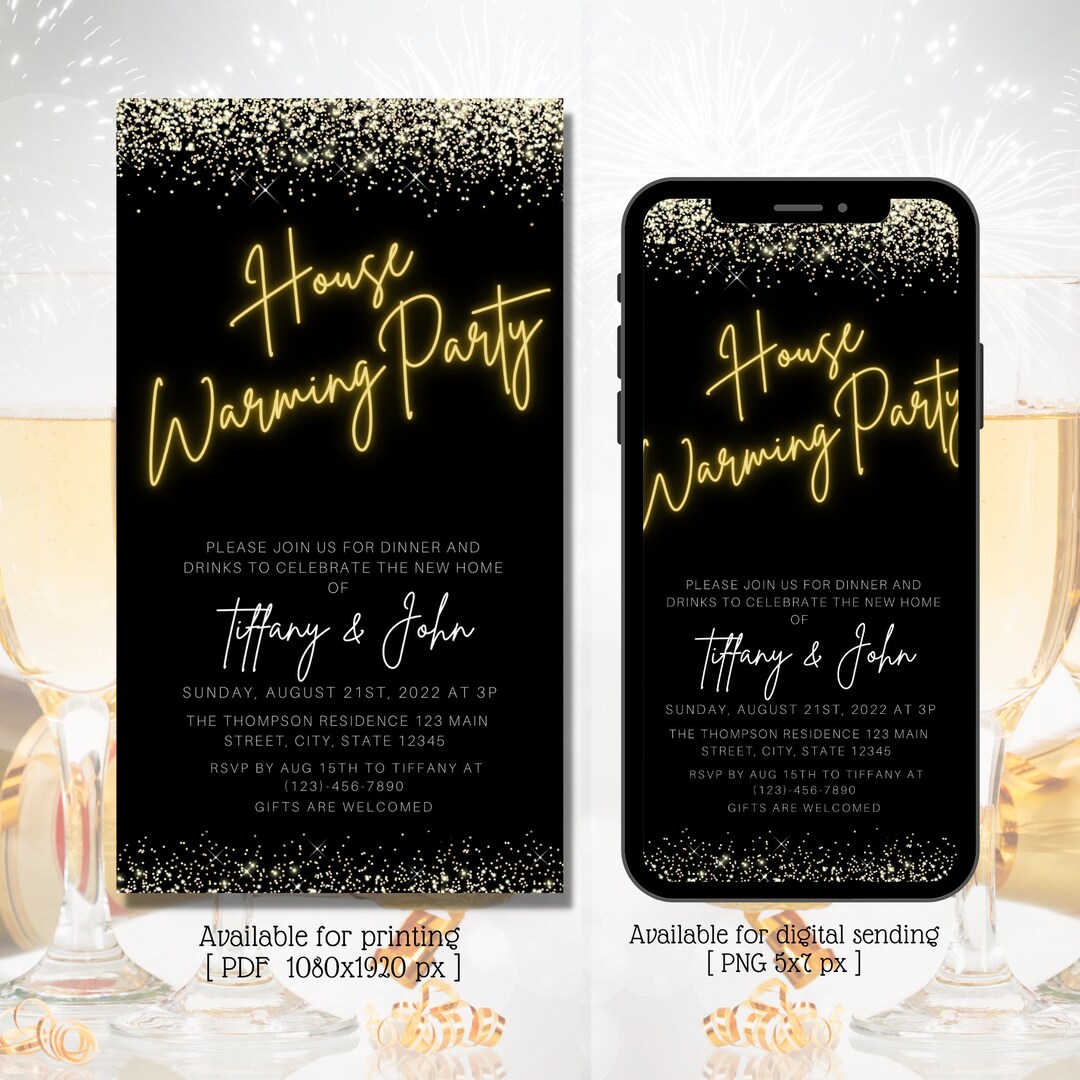 Digital Housewarming Party Invitation, New Home Invite, Gold Black ...