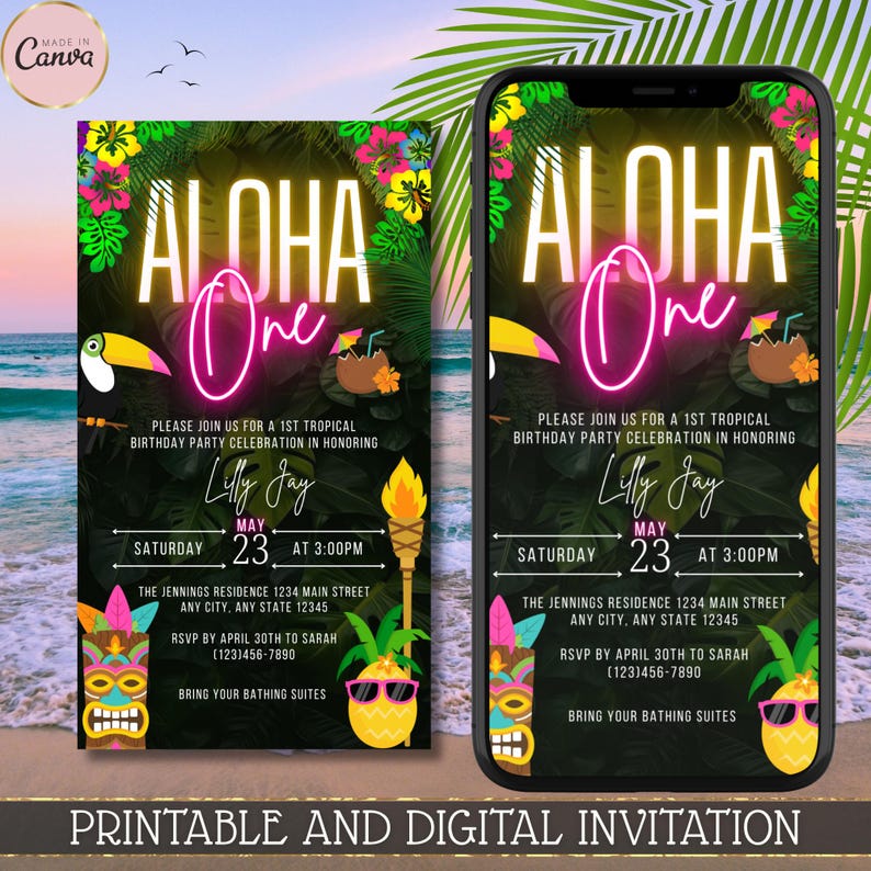 Editable Aloha One 1st Birthday Digital Invitation, Neon Pink Tropical ...