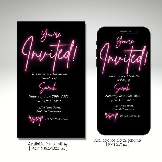 Youre Invited Digital Neon Invitation Electronic Birthday - Etsy