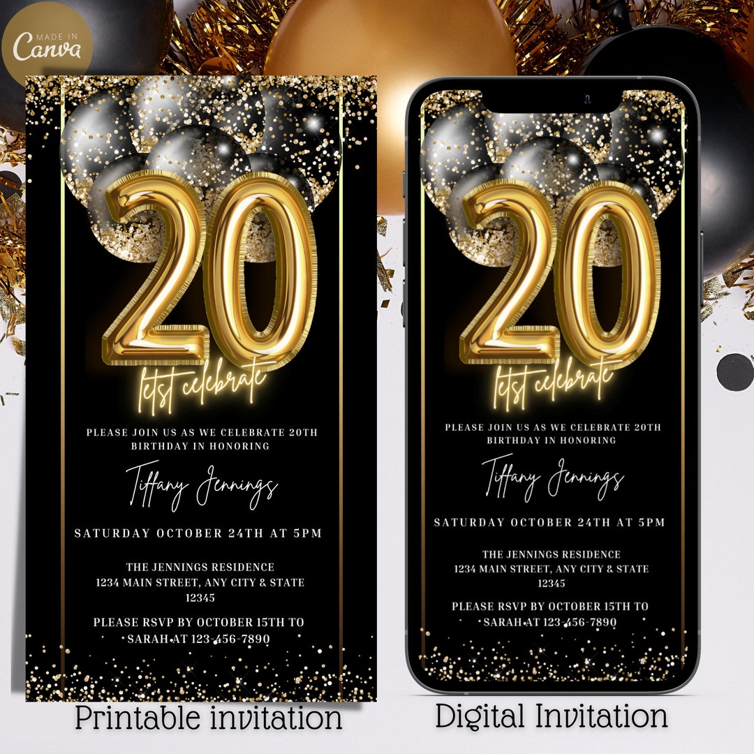 20th Birthday Party Invitation, Digital Birthday Phone Text Email Evite ...