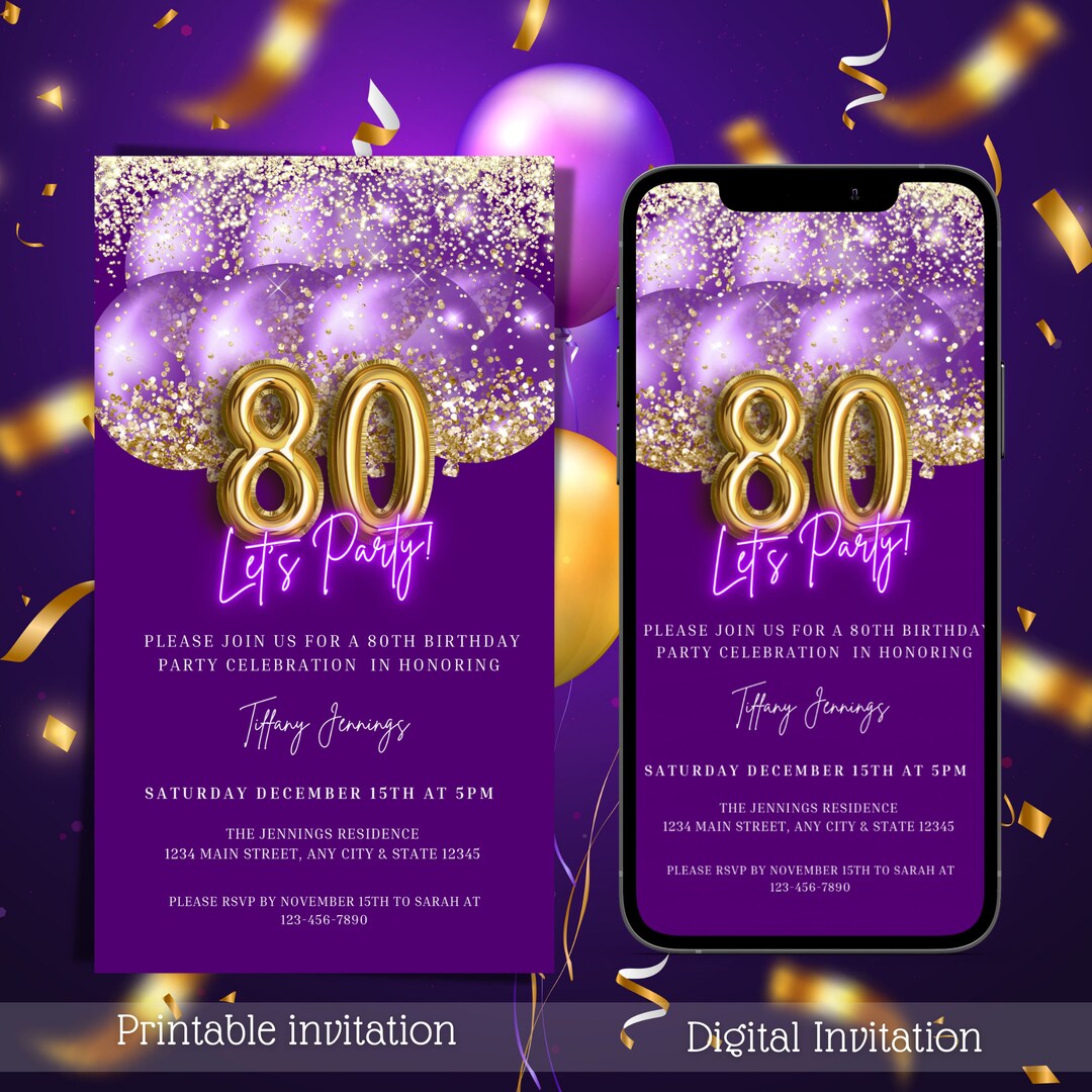 Digital 80th Birthday Party Invitation, Electronic Purple Gold Balloons ...