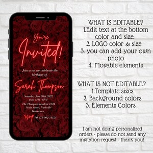 Digital Red Floral Birthday Party Invitation, Editable Template, Any ...