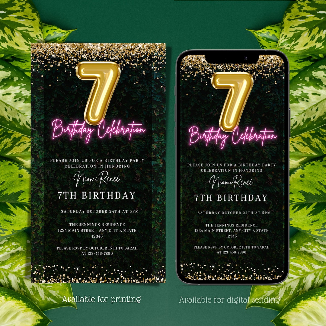 Digital 7th Birthday Invitation, Electronic Neon Pink Gold Glitter ...