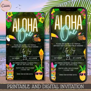 Editable Aloha First 1st Birthday Invitation, Neon Blue Boys Tropical ...