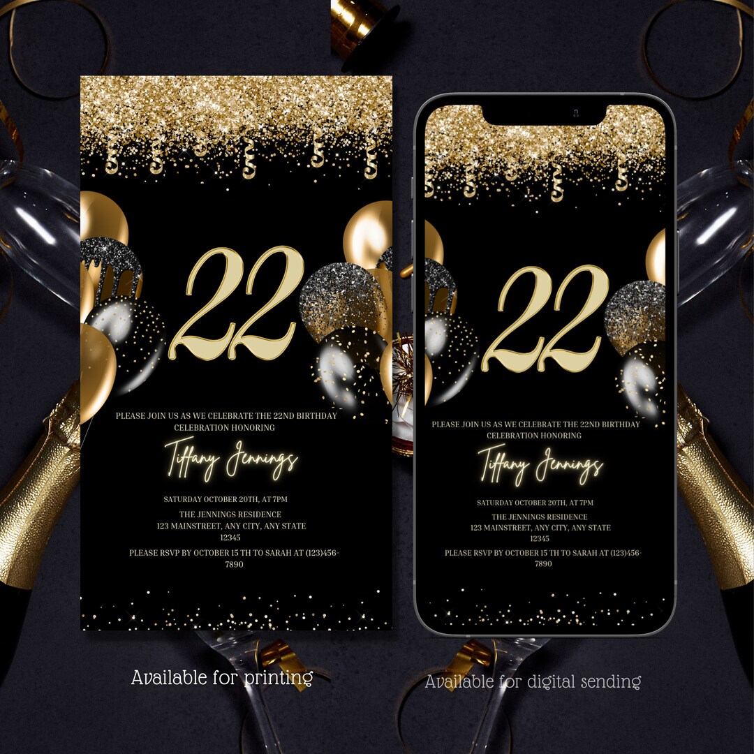 Digital 22nd Birthday Party Invitation, Electronic Invite, Dinner Party ...
