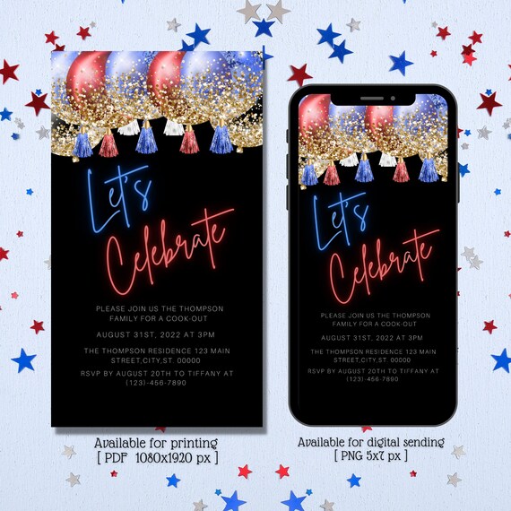 Electronic Let's Party Invitation Red White Blue Any - Etsy