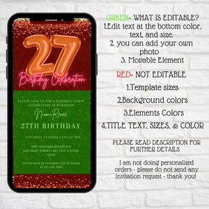 Digital 27th Birthday Invitation, Electronic Greenery Neon Pink Phone ...