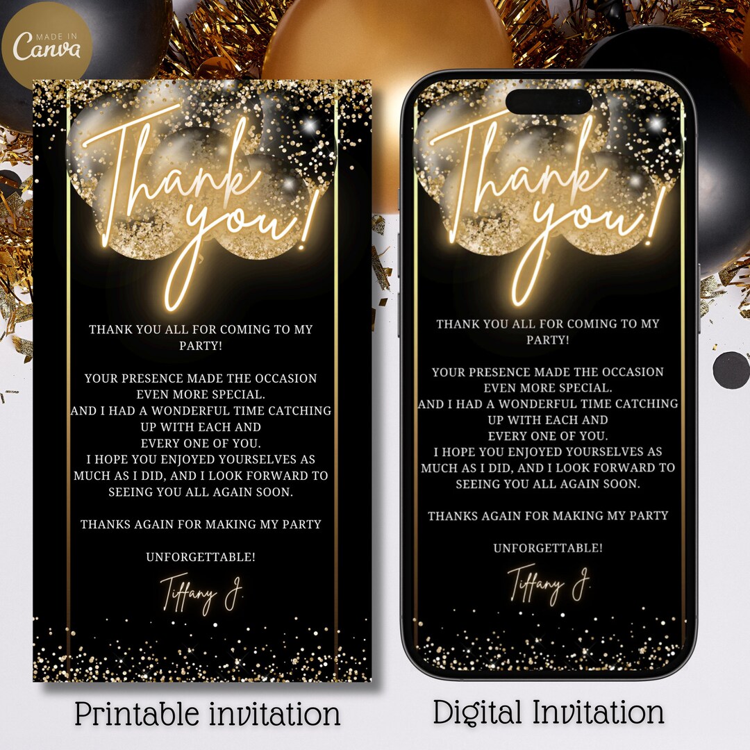 Digital Thank You Birthday Message, Electronic Black Gold Balloons ...