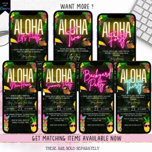 Editable Aloha One 1st Birthday Digital Invitation, Neon Pink Tropical ...