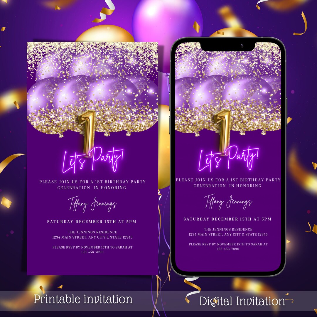 Digital 1st Purple Gold Party Invitation, Electronic Girl One Birthday ...