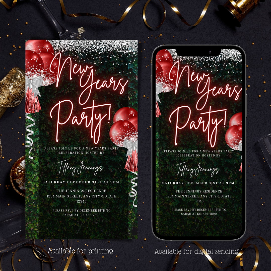 Digital Red and Silver Balloon New Year's Eve Party Invitation ...