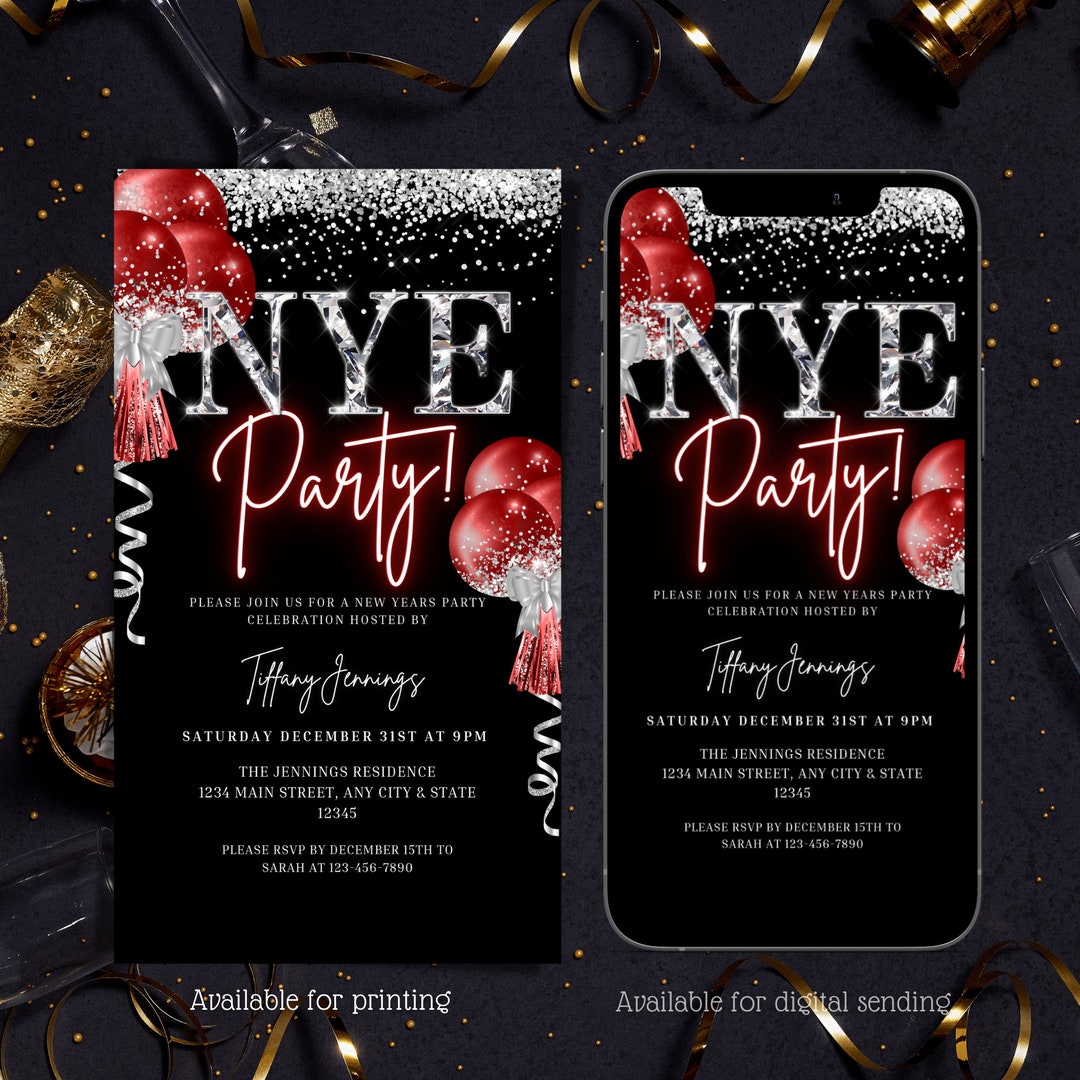 Digital NYE Party Invitation, Electronic 2025 New Year's, Red Silver ...