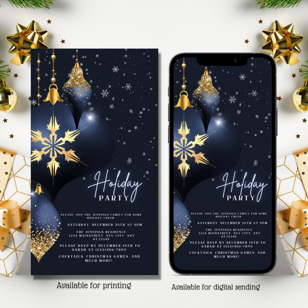 Digital Christmas Party Invitation, Holiday Party Invite, Blue Gold ...