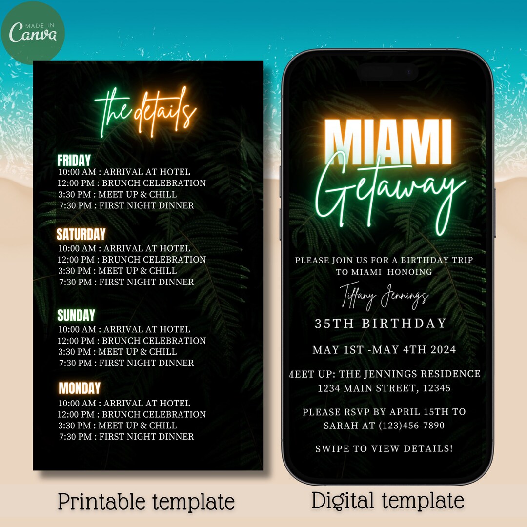 Digital Miami Getaway Birthday Trip Invitation, Electronic 4 Day ...