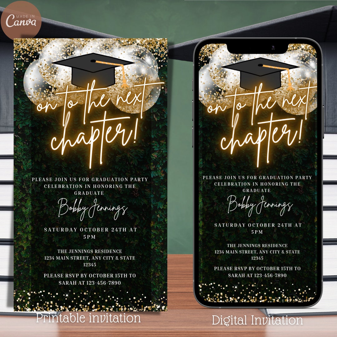 Electronic Graduation Party Invitation, Digital Gold Greenery Balloons ...