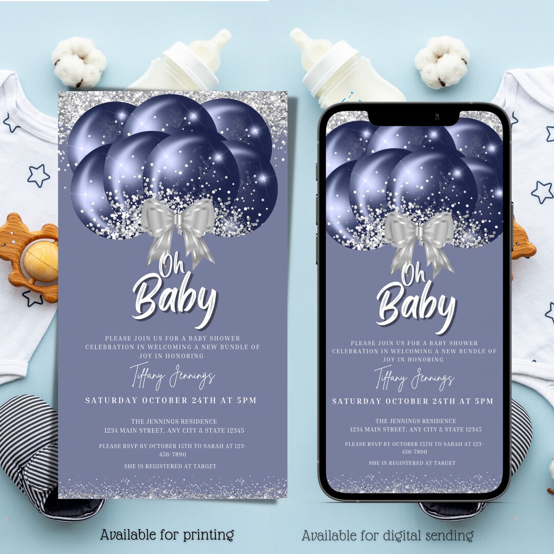 Electronic Boy Baby Shower Invitation, Digital Oh Baby Blue Silver ...