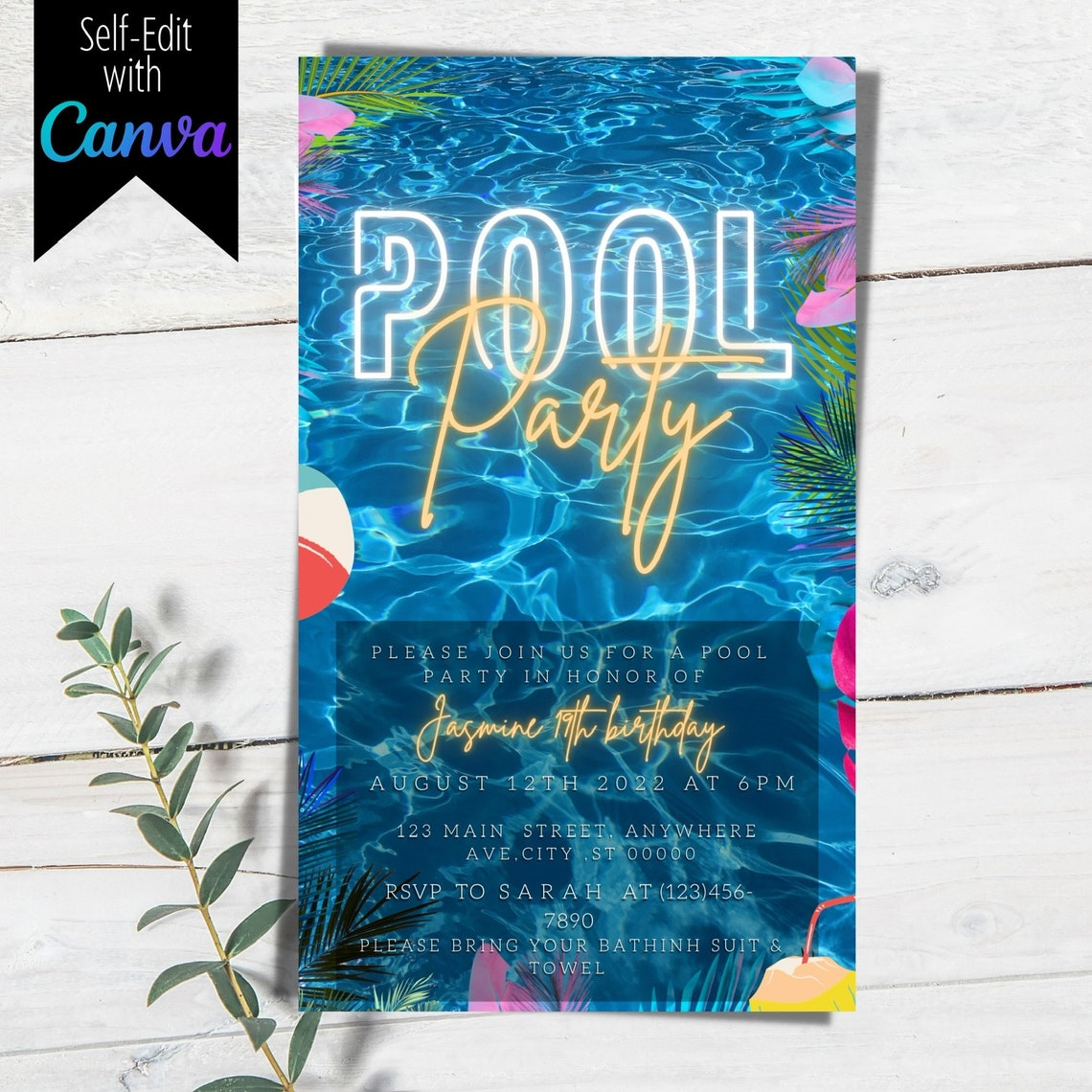 Pool Party Text Birthday Invitation Digital Tropical Invite - Etsy