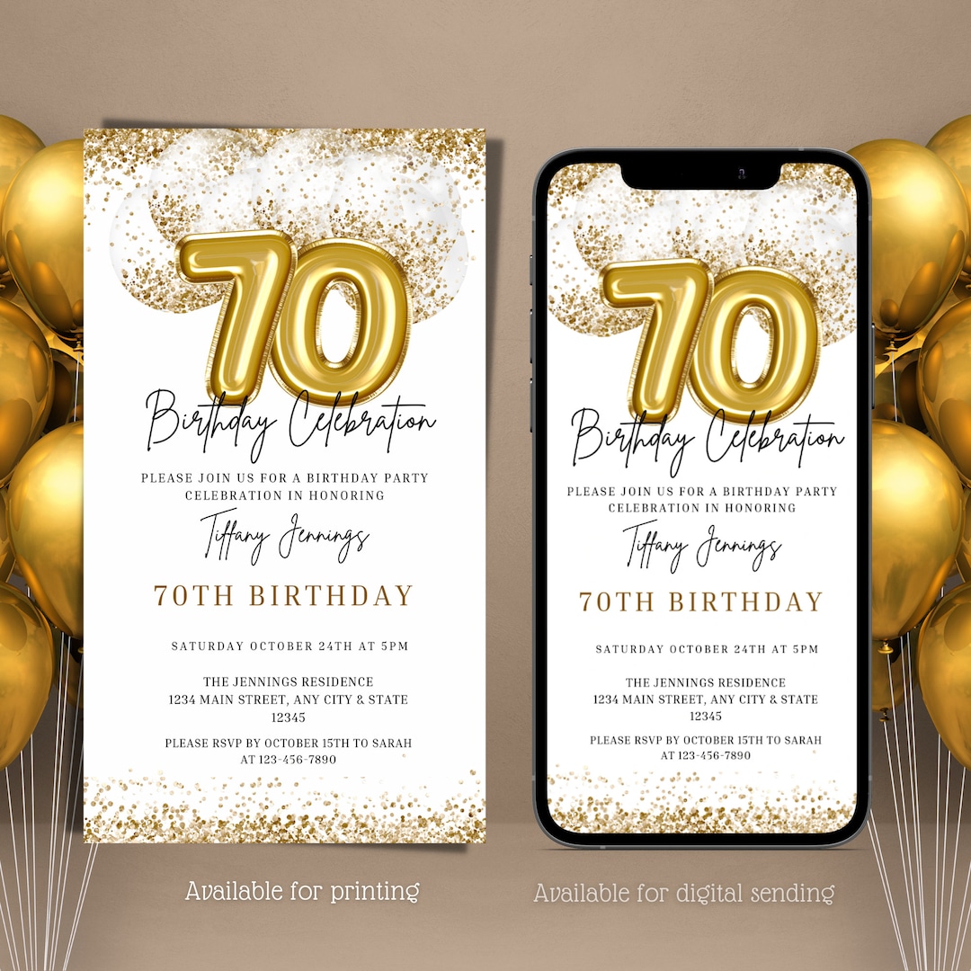 Digital 70th Birthday Invitation, Electronic 70th Gold White Glitter ...