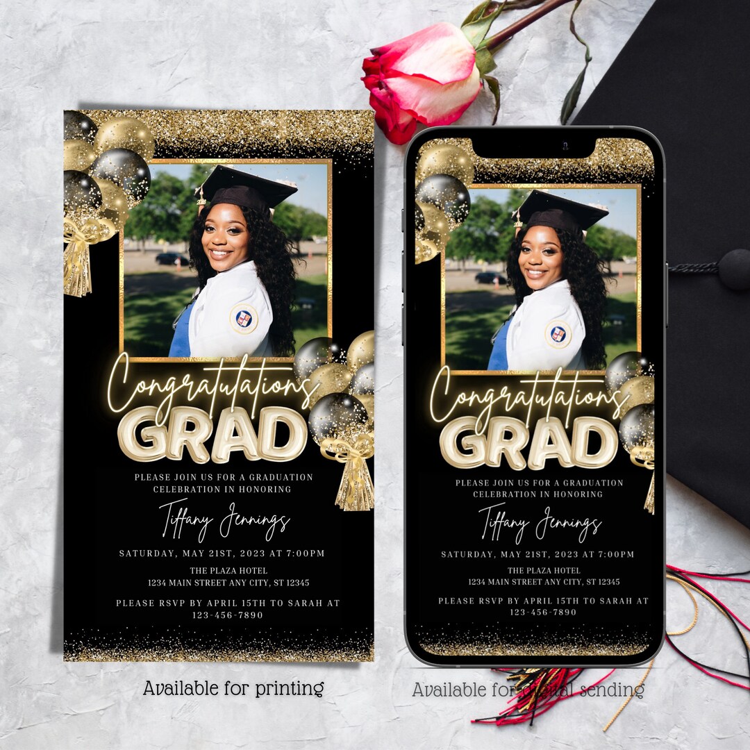 Digital Graduation Invitation, Class of 2025, Electronic Black & Gold ...
