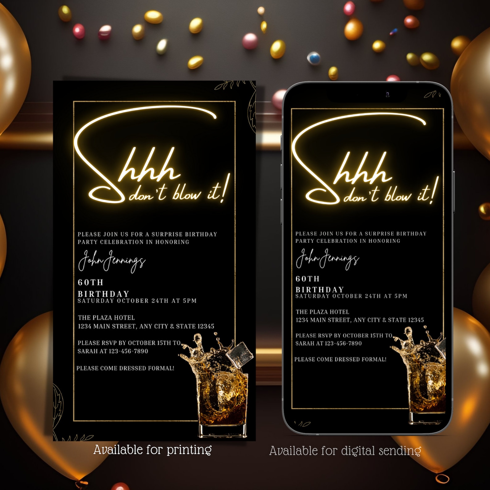 Surprise Birthday Party Invitation, Electronic 40th Black Gold Dinner ...