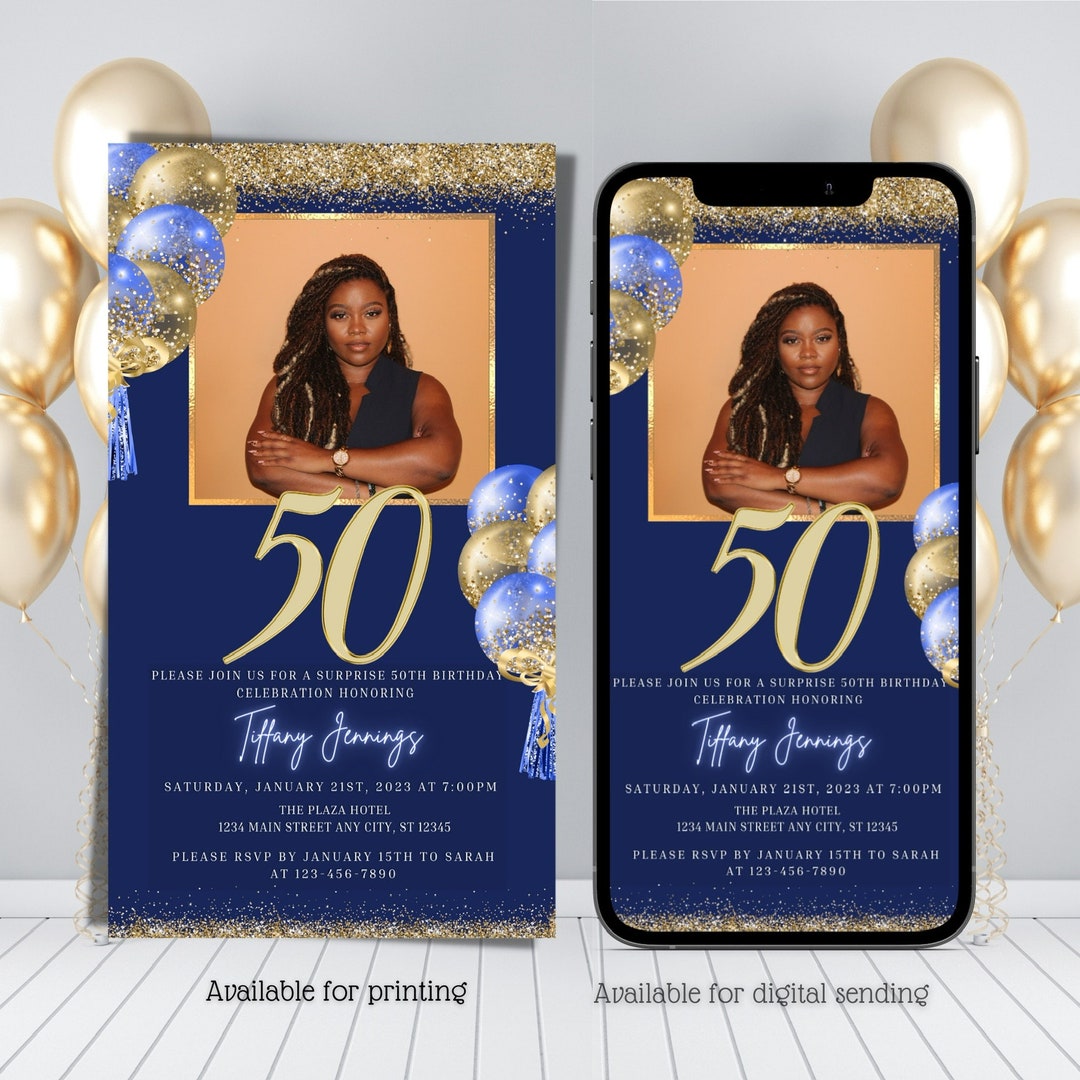 Electronic 50th Birthday Party Invitation, Digital Invite, Dinner, Blue ...