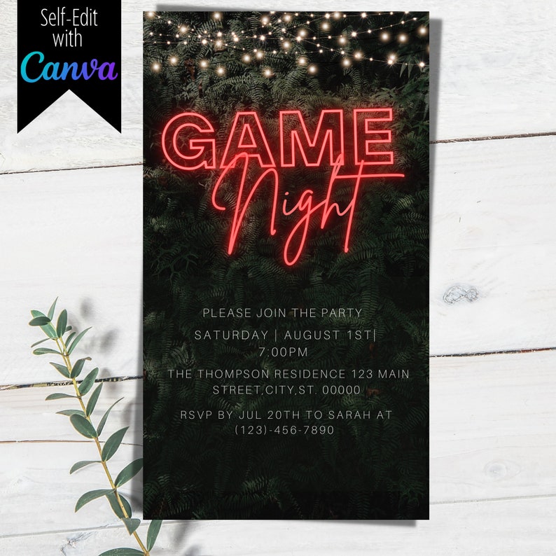 Game Night Digital Neon Red Invitation Greenery Family Game - Etsy