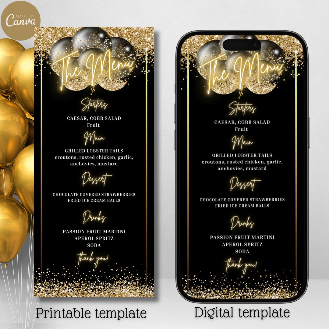 Editable Birthday Menu Ecard, Digital Black Gold Balloons, Dinner and ...
